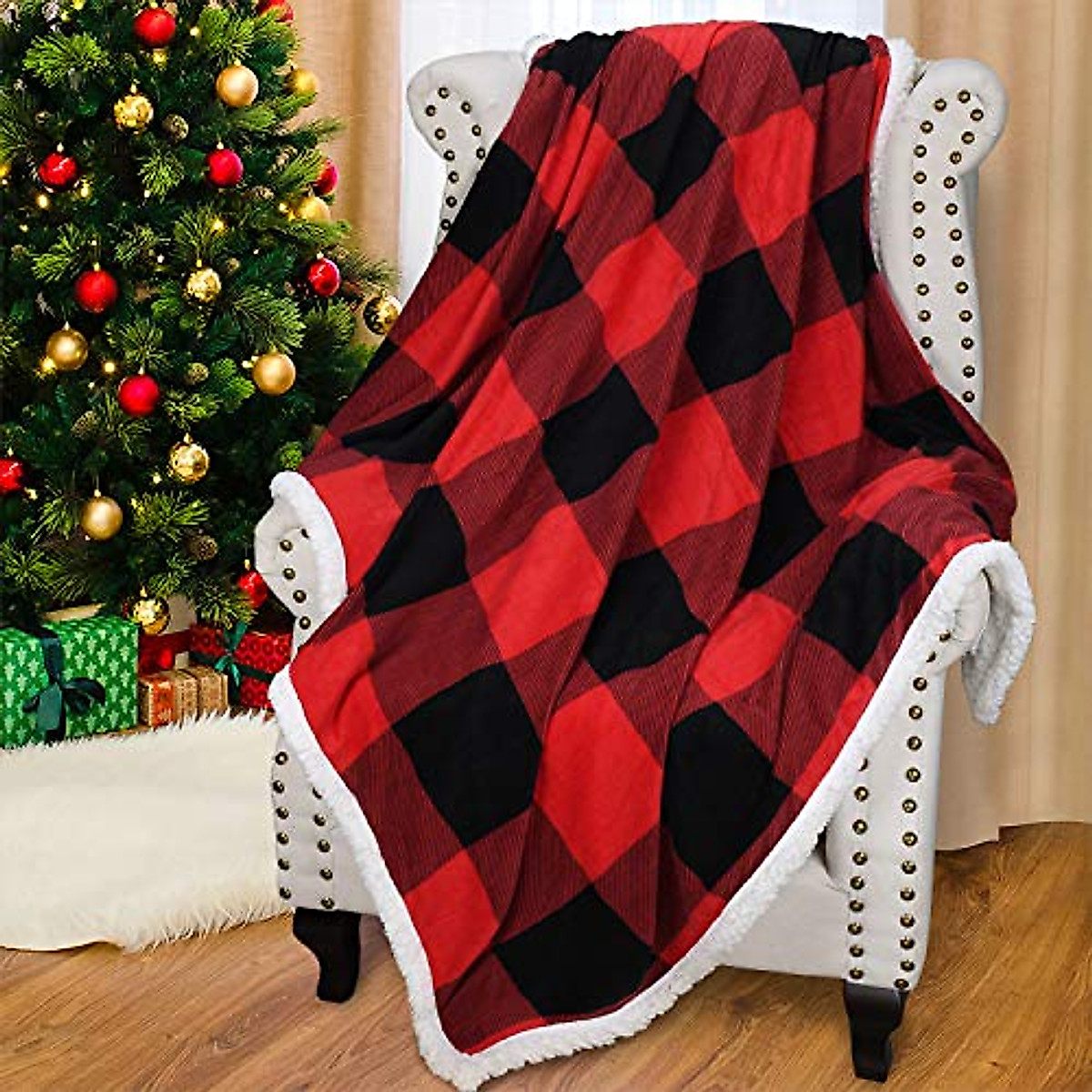 Catalonia Red Black Plaid Sherpa Blanket, Buffalo Sherpa Throw Blanket, Reversible Super Soft Warm Comfy Fuzzy Snuggle Holiday Throws for Couch Sofa Cabin Decro
