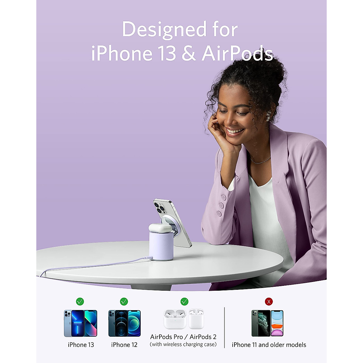 Anker Magnetic 623 MagGo 2-in-1 Wireless Charging Station with 20W USB-C Charger, for iPhone 14/14 Pro/14 Pro Max/13/13 Pro Max, AirPods Pro (Lilac Purple)