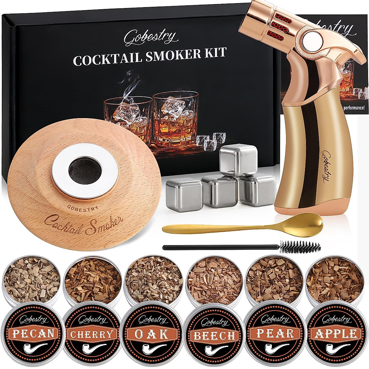 GOBESTRY Cocktail Smoker Kit with Torch – 6 Flavors Wood Chips – Bar Tools， Old Fashioned Cocktail Kit, Birthday Bourbon Whiskey Gifts for Men, Dad, Husband (Without Butane) (BLACK, One Size)