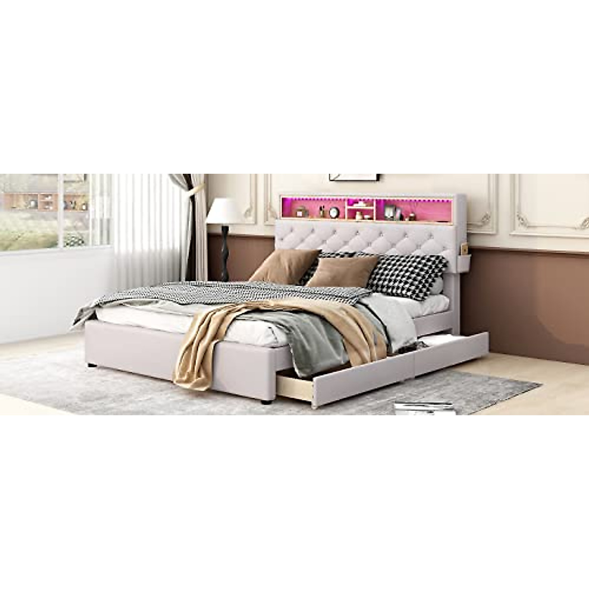 Queen Size Upholstered Platform Bed Frame for Boys Girls Kids Toddler with Storage Headboard, LED, USB Charging and 2 Drawers, Beige