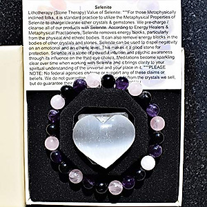 Zenergy Gems Charged Natural Amethyst, Black Tourmaline, & Rose Quartz Crystal 8mm Bead Bracelet + Selenite Charging Heart [Included]