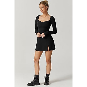 QINSEN Long Sleeve Dress for Women Sexy Sweetheart High Waist Flare Mini Dress Clubwear Black M