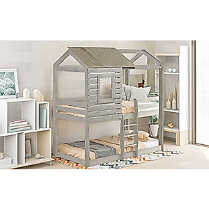 Mesnt Twin Bunk Bed Frame | Twin Over Twin Bunk Bed Wood Loft Bed with Roof, Window, Guardrail, Ladder Antique Gray