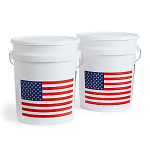 United Solutions 5 Gallon Bucket, Heavy Duty Plastic Bucket, Comfortable Handle, Perfect for on The Job, Home Improvement, or Household Cleaning, White with USA Flag, Pack of 2