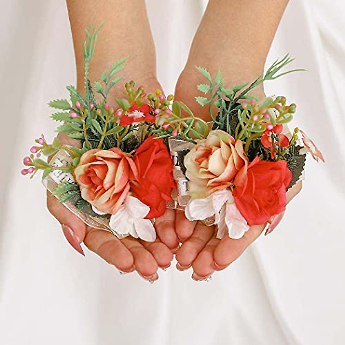 Campsis Wedding Bridal Handmade Wrist Flower Corsage Red Leave Ribbon Hand Flower Bride Bridesmaid Wristlet for Prom Party Beach Photography 2PCS