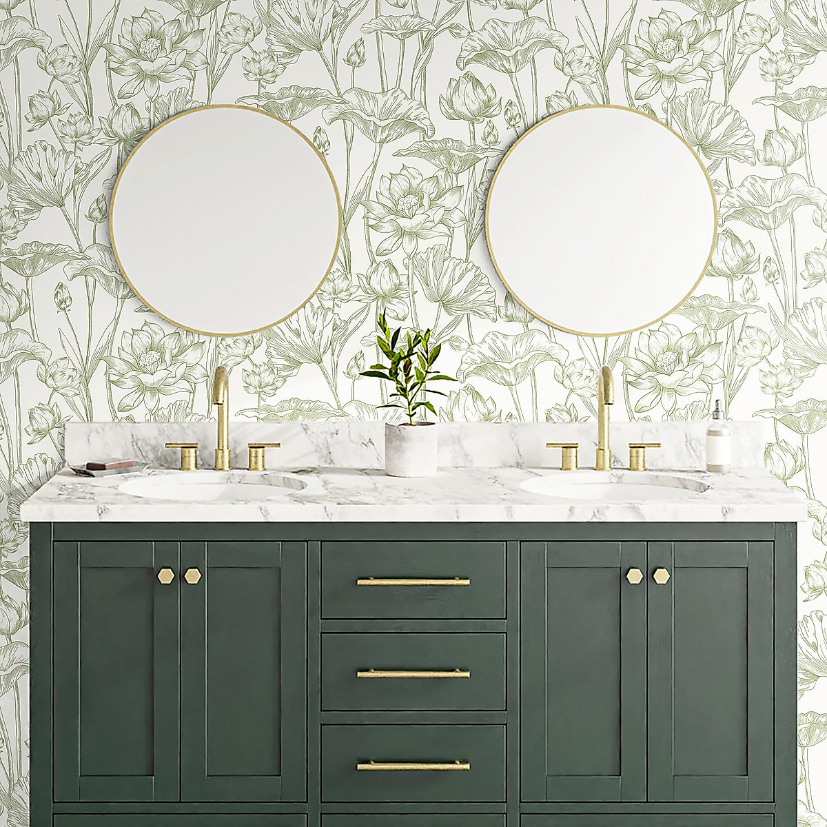 Vinjiasin Peel and Stick Wallpaper Green Floral Wallpaper Removable Wallpaper Self Adhesive Flower Leaf Contact Paper Lotus Wall Paper for Bedroom Bathroom Wallpaper Wall Covering 17.32"x 78.7"