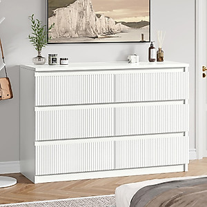 Jocoevol White Dresser 6 Drawer Dresser for Bedroom, Modern Fluted Dresser with Deep Drawers, Large Double Wooden Dresser Chest of Drawers for Living Room, Hallway, Entryway (White)