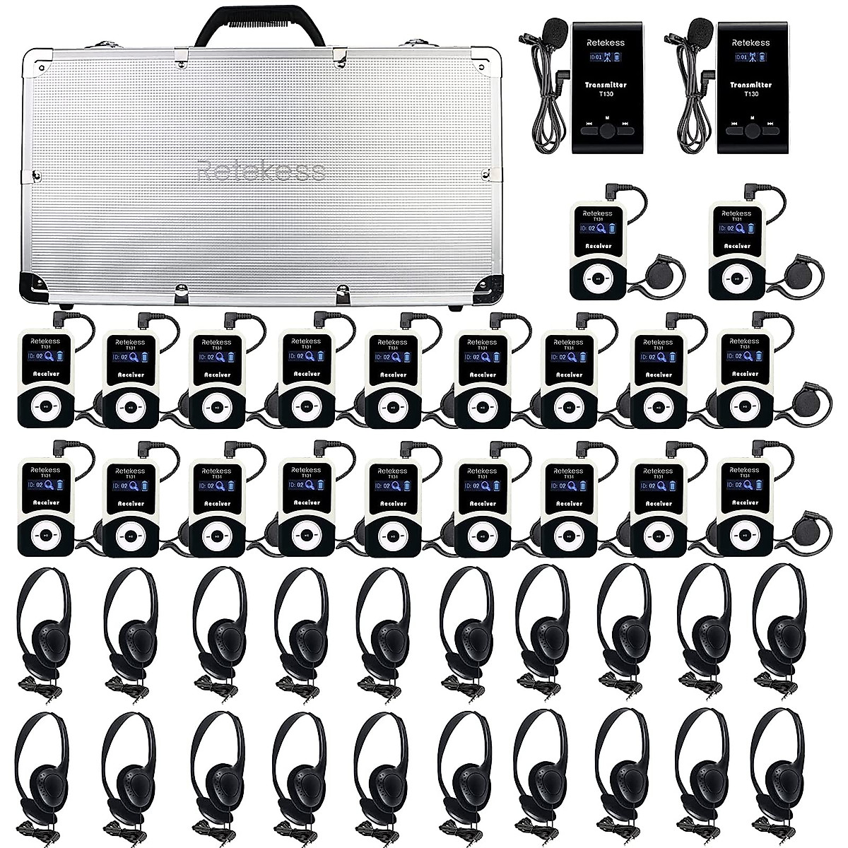 Retekess T130 Wireless Tour Guide System,Tour Guide Headsets with Full Ear Headphone,32-Slot Charging Case, Assistive Listening Devices for Factory, Manufacturing (2 Transmitters 20 Receivers