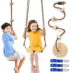 Tree Swing Climbing Rope 2 Pack Multicolor with Platforms Red Disc Swings Seat - Outdoor Playground Set Accessories Tree House Flying Saucer Outside Toys - Bonus Carabiner and 4 Feet Strap (Khaki)