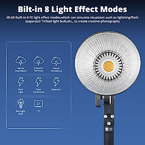 Godox ML60 60W Power in Your Hands LED Video Light,with AD-S60S Softbox,Built-in FX Effects,Silent Mode,Portable Brightness Adjustment Support Li-ion Outdoor LED Light