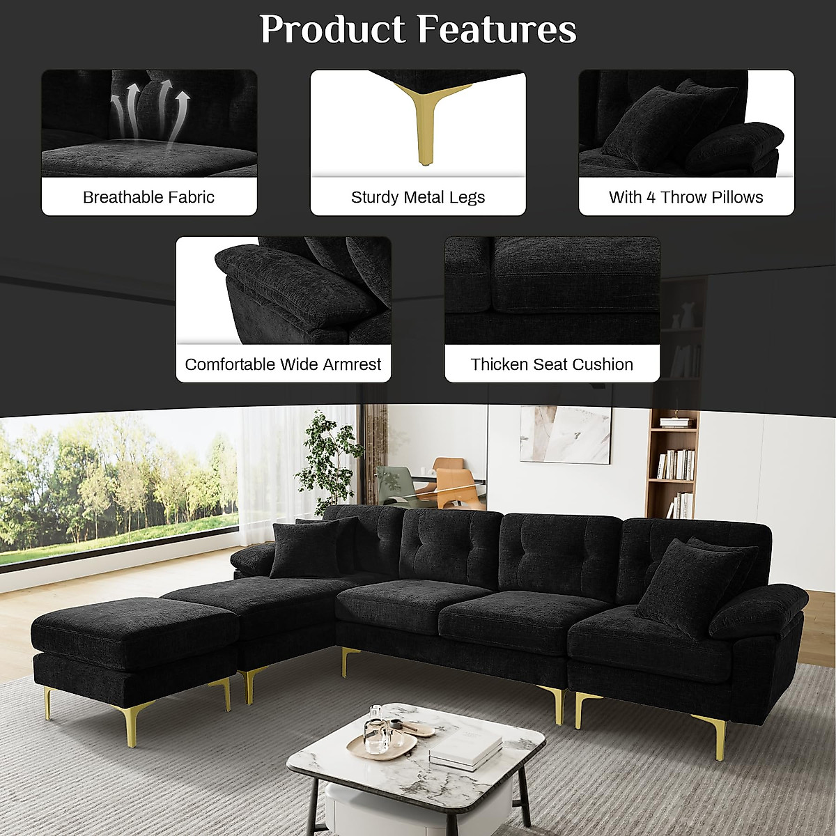 DAMAIFROM U-Shaped Sectional Sofa Couch, 114" Convertible L-Shaped Sectional Sofa with Chaise Lounge, Ottoman and Pillows, Modern Chenille 4 Seat Sofa Couch Set for Living Room (Black)