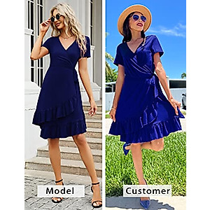 MISSKY Summer Womens Short Sleeve Wrap Dress Deep V Neck High Waist Flowy Swing Ruffle Hem Graduation Blue Midi Dresses with Belt