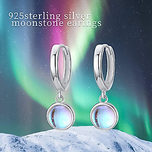 Cuoka Round Moonstone Earrings 925 Sterling Silver Small Moonstone Bead Hoop Earrings Rainbow Moonstone Dangle Earrings Jewelry for Women Mom