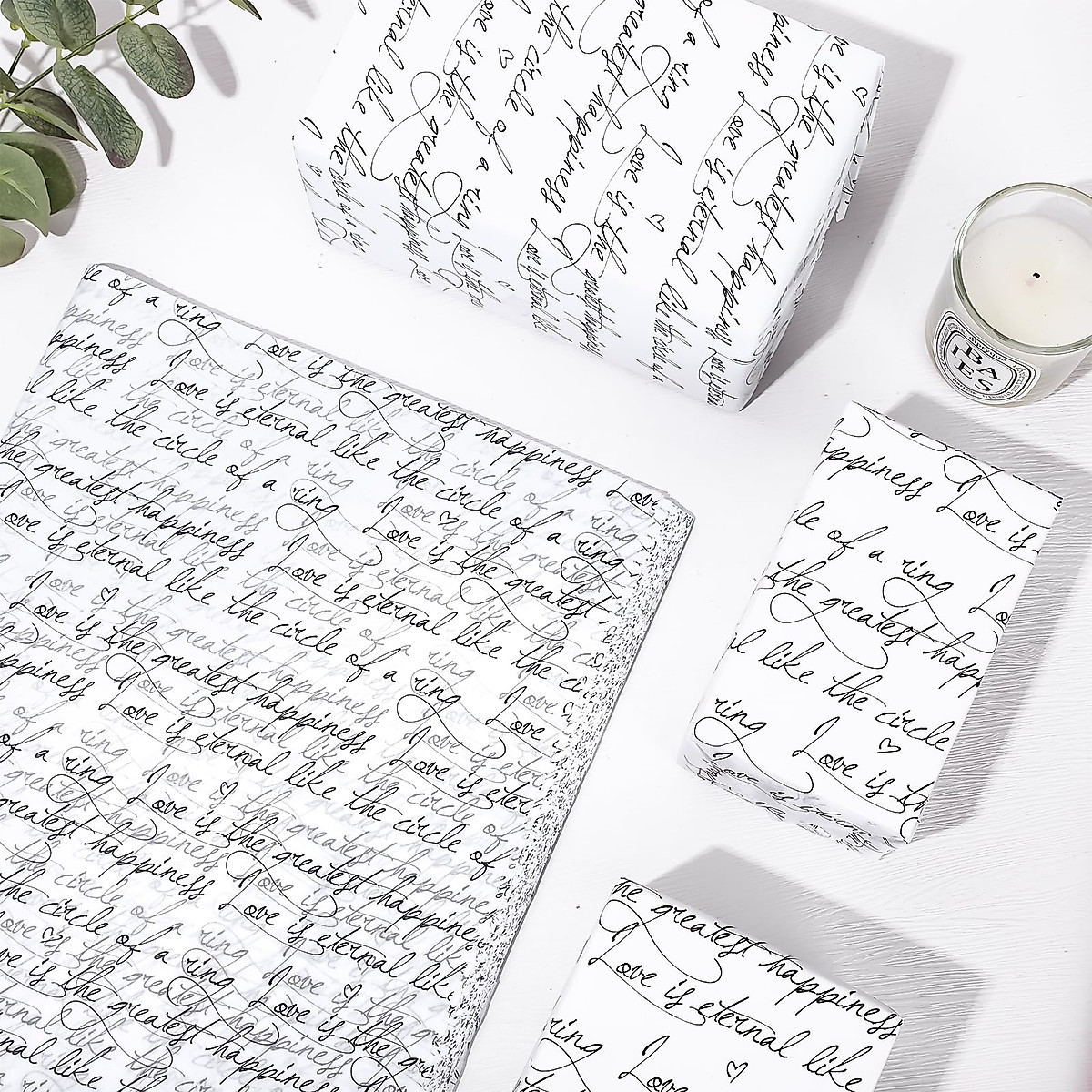 Whaline 100 Sheet Letter Gift Black White Tissue Paper Love Romantic Words Gift Packing Tissue Paper DIY Art Craft Paper for Wedding Birthday Party Valentine's Day Decoration, 13.7 x 19.6 Inch