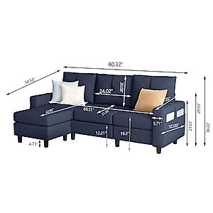 Tornama 80" L Shaped Sectional Sofas 3 Seater Couch with Reversible Ottoman Modern Linen Fabric Small Sectional Couch for Living Room, Apartment, Small Space, Blue