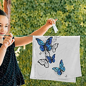 Oreayn Blue and White Butterfly Hand Towel for Bathroom Kitchen Beach Polyester Cotton Set of 2 Morpho Butterflies Fingertip Towel Soft Absorbent 28.3 x 14.4 Inch