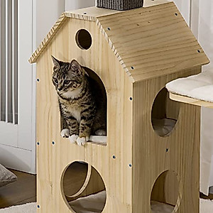 PawHut 53" Modern Cat Tree with Scratching Posts & Wheel, with Double-Layer Cushioned House, Small Cat Tower for Indoor Cat Furniture, Climbing Wooden Cat Tree
