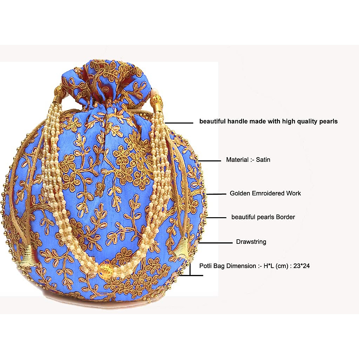 Potli Bag for Women Purse Clutch Pearls Handle Embroidered Silk Batwa With Intricate Gold Thread & Sequin (H*L:9 * 9.5(Inch),(23x24(CM),(Handle Dm:- H*L(cm) 20 * 14) (Sky Blue)