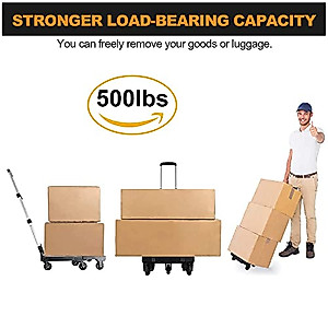 Pansonite Folding Hand Truck, 500 LB Heavy Duty Luggage Cart, Utility Dolly Platform Cart with 7 Wheels & 2 Elastic Ropes for Luggage, Travel, Moving, Shopping, Office Use