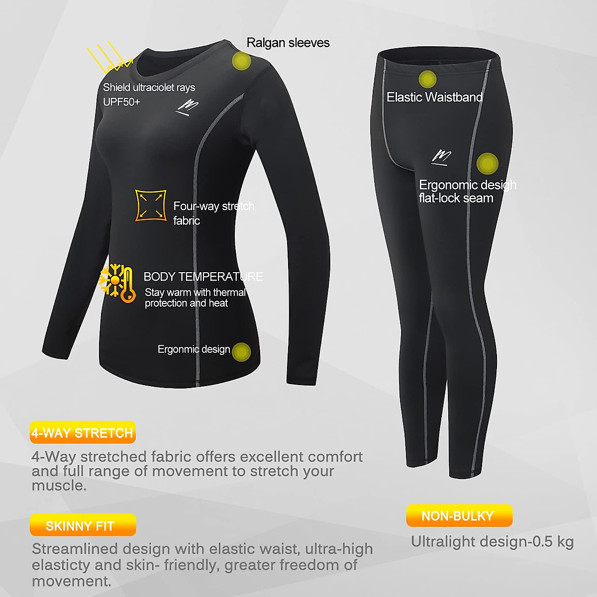 MeetHoo Thermal Underwear for Women, Winter Warm Base Layer Compression Set Fleece Lined Long Johns, Black, Medium