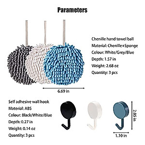 Chenille Hand Towel Ball,Super Soft/Quick Drying/Fast Dry/Strong Water Absorption/Microfiber Velvet,Cleaning Wash Cloths/Wipe/Puff/Dryer Sponge for Bathroom/Kitchen,with Hanging Loop/Wall Hook(3 Pcs)
