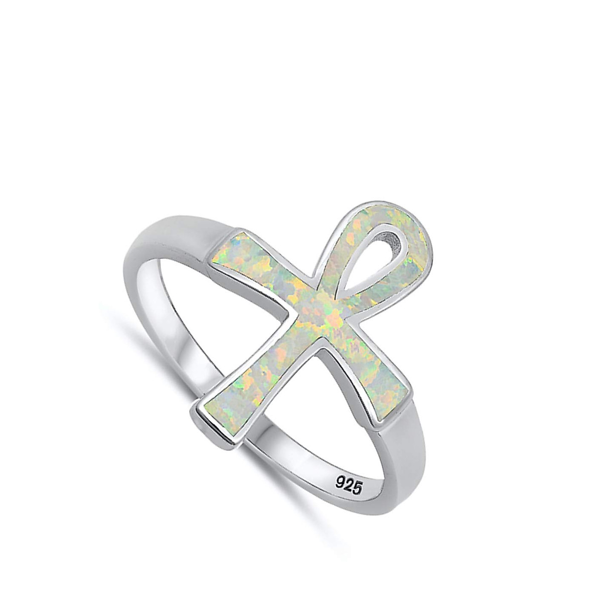 White Simulated Opal Ankh Wide Large Ring .925 Sterling Silver Band Size 6