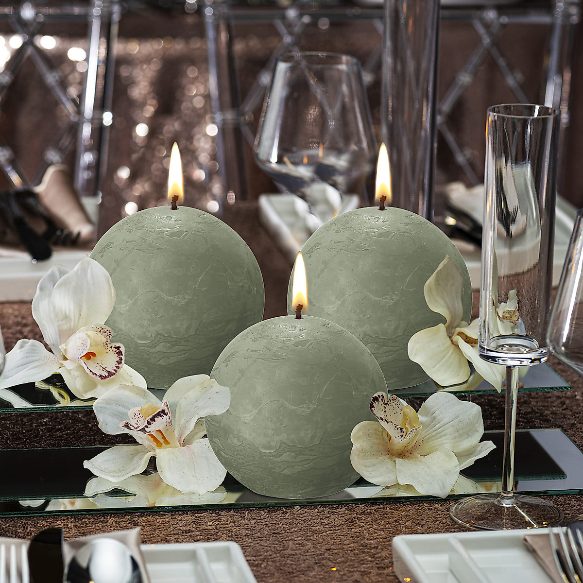 BOLSIUS 3 Pack Fresh Olive Rustic Ball Pillar Candles - 3 Inch - Premium European Quality - Includes Natural Plant-Based Wax - Unscented Dripless Smokeless 25 Hour Party Décor and Wedding Candles