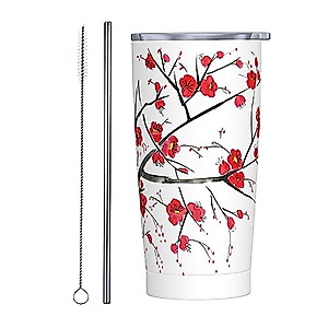 DLUCCA 20oz Insulated Coffee Tumbler With Straw Stainless Steel Swig Tumblers,Travel Mugs Insulated For Hot And Cold,Reusable Thermal Water Bottle Cup For Car Camping Exercise（Painting Plum Blossom ）