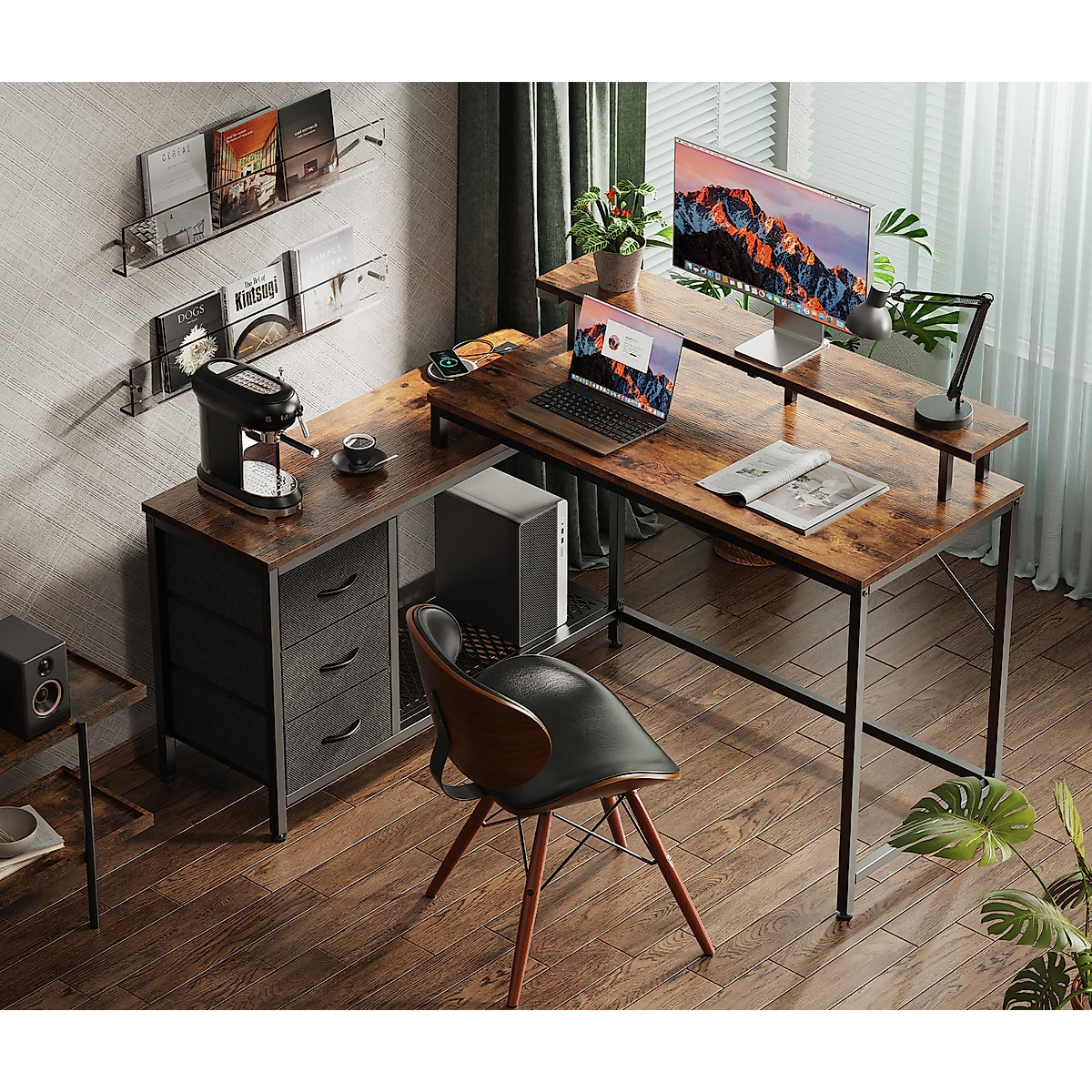 Huuger Reversible L Shaped Computer Desk with Drawers, Gaming Desk with LED Lights and Power Outlets, Office Desk with Storage, Corner Desk with Monitor Stand, for Home & Office, Rustic Brown