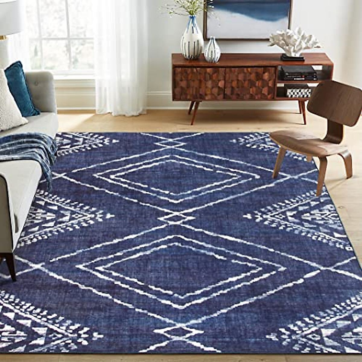 ReaLife Machine Washable Rug - Stain Resistant, Non-Shed - Eco-Friendly, Non-Slip, Family & Pet Friendly - Made from Premium Recycled Fibers - Moroccan Diamond - Blue, 5' x 7'
