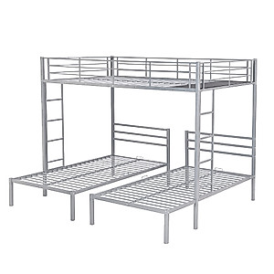RUNWON Meta L Shaped Triple Bed, Solid Full Over Twin&Twin Bunk Bedframe with Built-in Shelf and 2 Ladders for 3 Kids Teens