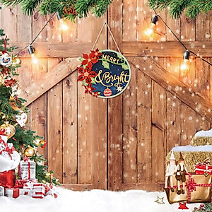 CHDITB Christmas Decoration Merry & Bright Door Sign(11.4"x11.4"), Wooden 3D Christmas Wall Hanging Sign with Mistletoe Jingle Bell, Cute Housewarming Gift for Home Office Xmas New Year