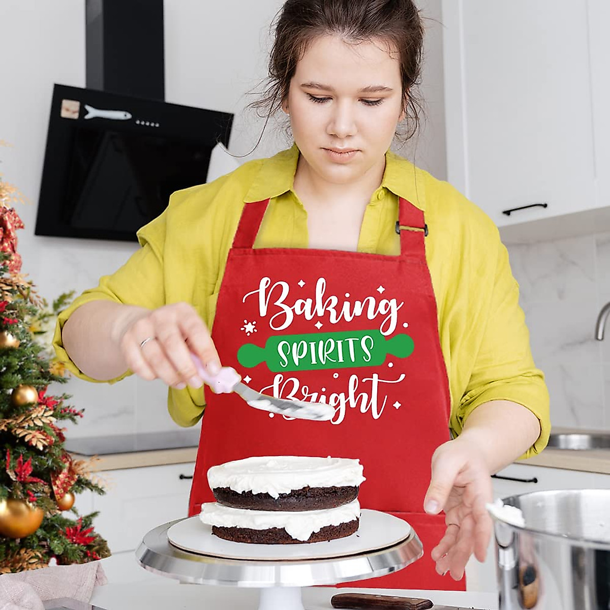 Saukore Funny Christmas Baking Aprons for Women Men Adjustable Kitchen Cooking Aprons with 2 Pockets Cute Thanksgiving Xmas Apron Gift for Bakers - Baking Spirits Bright