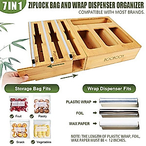 7-in-1 Ziplock Bag Organizer with Wrap Dispenser Cutter - Storage for Gallon, Quart, Sandwich, Snack Bags, Wax Paper, Foil, and Plastic Wrap - Kitchen Drawer or Wall Mounted Storage Solution
