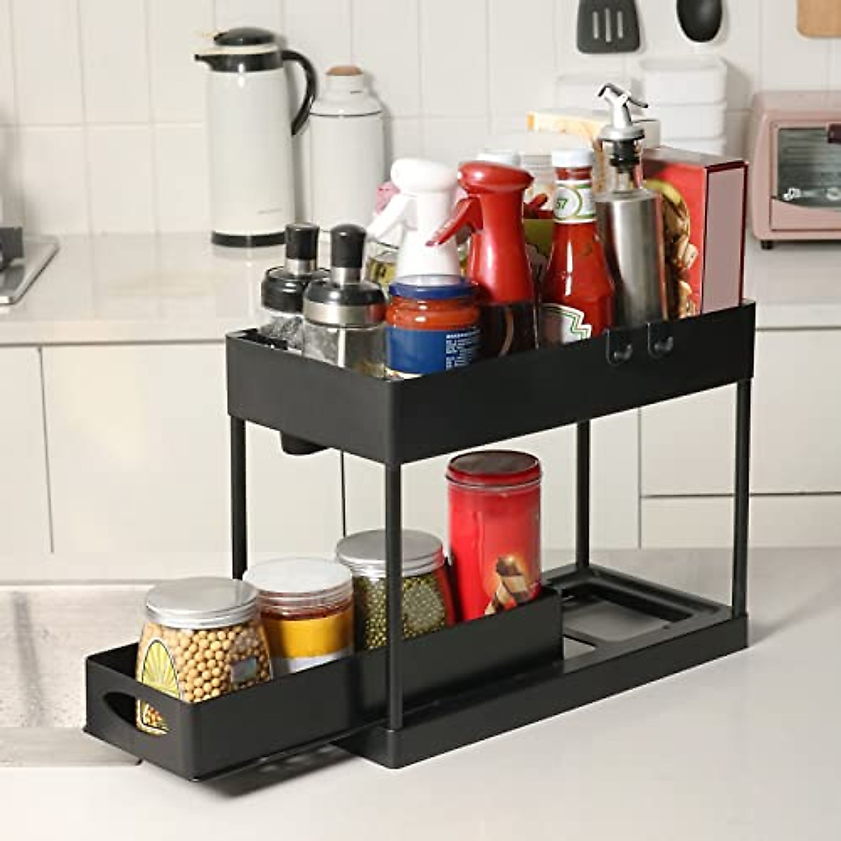 Zerodis Under Sink Organizers, Easy Assembly PP Material Large Capacity Under Sink Shelf Practical Durable for Offices (Black)