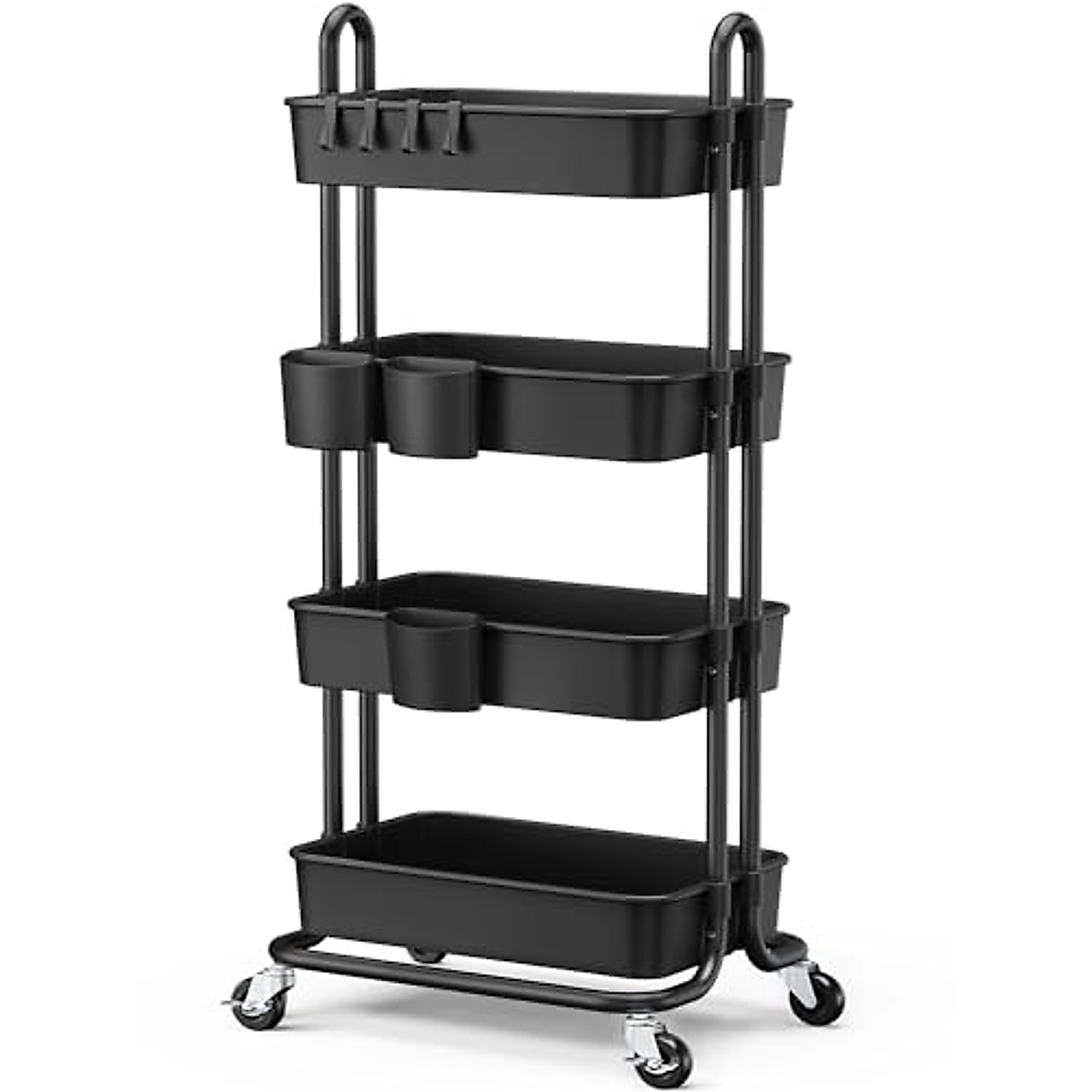 Pipishell 4-Tier Rolling Cart, Utility Cart with Lockable Casters, PP Plastic Storage Baskets, Hanging Cups & Hooks, Rolling Cart for Living Room, Bedroom, Kitchen, Bathroom, Art Studio(Black)
