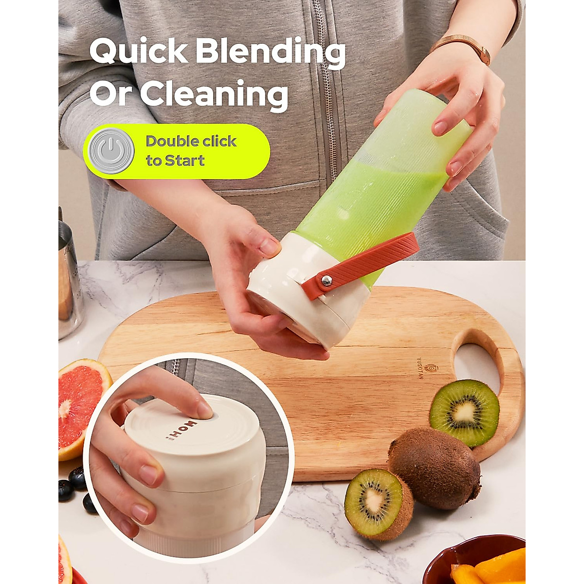 IHOM Portable Blender, Rechargeable Cordless Portable Blender for Shakes and Smoothies,10.5Oz BPA-Free Mini Blender,30 Watts, Single Serve Blender Cup for Kitchen, Gym, Travel, Office (Cream White)