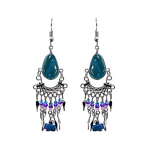Teardrop Shaped Cat's Eye Glass Bead Long Beaded Metal Chip Stone Dangle Earrings - Womens Fashion Handmade Jewelry Boho Accessories (Teal/Purple/Light-Pink)