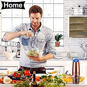 Gravity Electric Pepper and Salt Grinder Set, Adjustable Coarseness, Battery Powered with LED Light, One Hand Automatic Operation, Stainless Steel Copper, 2 Pack