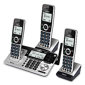 VTech VS113-3 Extended Range 3 Handset Cordless Phone for Home with Call Blocking, Connect to Cell Bluetooth, 2" Backlit Screen, Big Buttons, and Answering System, Silver & Black