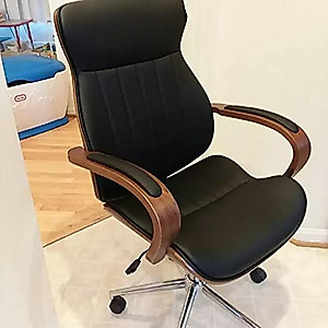 IDS Online Contemporary Walnut Wood Executive Swivel Ergonomic with Arms for Home Office Furniture Bentwood Mid Back Desk Chair, Black 25D x 20W x 42H in