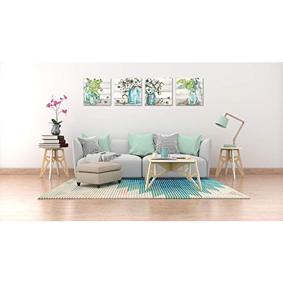 Flower Painting Wall Art Watercolor MasonJar Floral Picture Artwork 4 Panel Modern Oil Painting Print on Canvas for Bedroom Living Ready to Hang