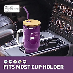 WINSA Glass Tumbler with Straw and Lid, 40 oz glass cup with handle, Glass Water Bottles with Time Marker,Two Straw - Boba Straw & Drinking Straw Silicone Protective Sleeve-Dark Purple