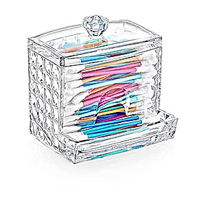Bremen Home Acrylic Cotton Swab Holder, Diamond Design Qtip Dispenser Countertop Storage Organizer Box Jars for Bobby Pins, Cotton Balls, Makeup, Small Bathroom Accessories, Boxed