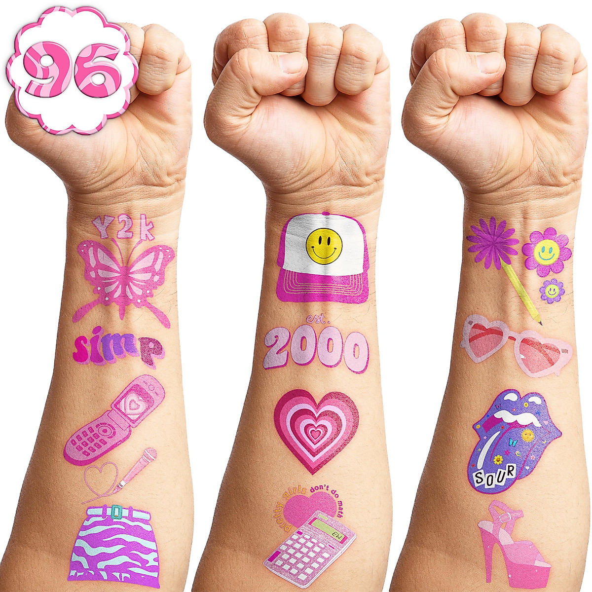 Y2K 2000 Temporary Tattoos for Teen Girls | 96PCS Birthday Party Decorations Supplies Party Favors 00s Pink Cute Gifts Classroom School Prizes Themed Christmas Tattoos Sticker