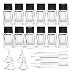 BENECREAT 12Pcs 15ml Heavy Duty Glass Inkwell Jars with Black ABS Plastic Caps, 6Pcs Plastic Droppers, 4Pcs Plastic Funnels for Ink Liquid