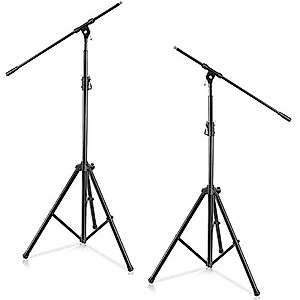 Pyle Adjustable Tripod Microphone Boom Stand - Pair of Universal Heavy Duty Lightweight Professional Compact Stage Studio Floor Standing Boom Mic Tripod Holder w/ Standard 5/8" Mic Adapter PMKS56X2
