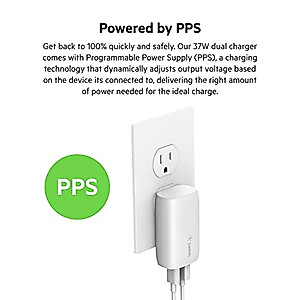 Belkin 37 Watt Wall Charger - Power Delivery 25W USB C Port + 12W USB A Port for PPS Charging Apple iPhone 14, 14 Pro, 14 Pro Max, 13 Pro, 13 Pro Max, Galaxy S21 Ultra & More - USB-C Charger