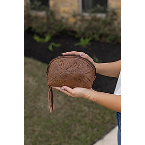 Womens Cosmetic Case, Leather makeup case, handtooled, toiletry and travel bag, zipper close, lined, tassel