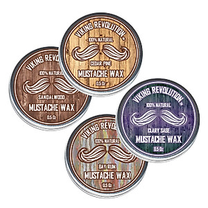 Viking Revolution Mustache Wax 4 Variety Pack - Beard & Moustache Wax for Men - Strong Hold Helps Train Tame & Style- Sandalwood, Clary Sage, Cedar Pine, Bay Rum Styles
